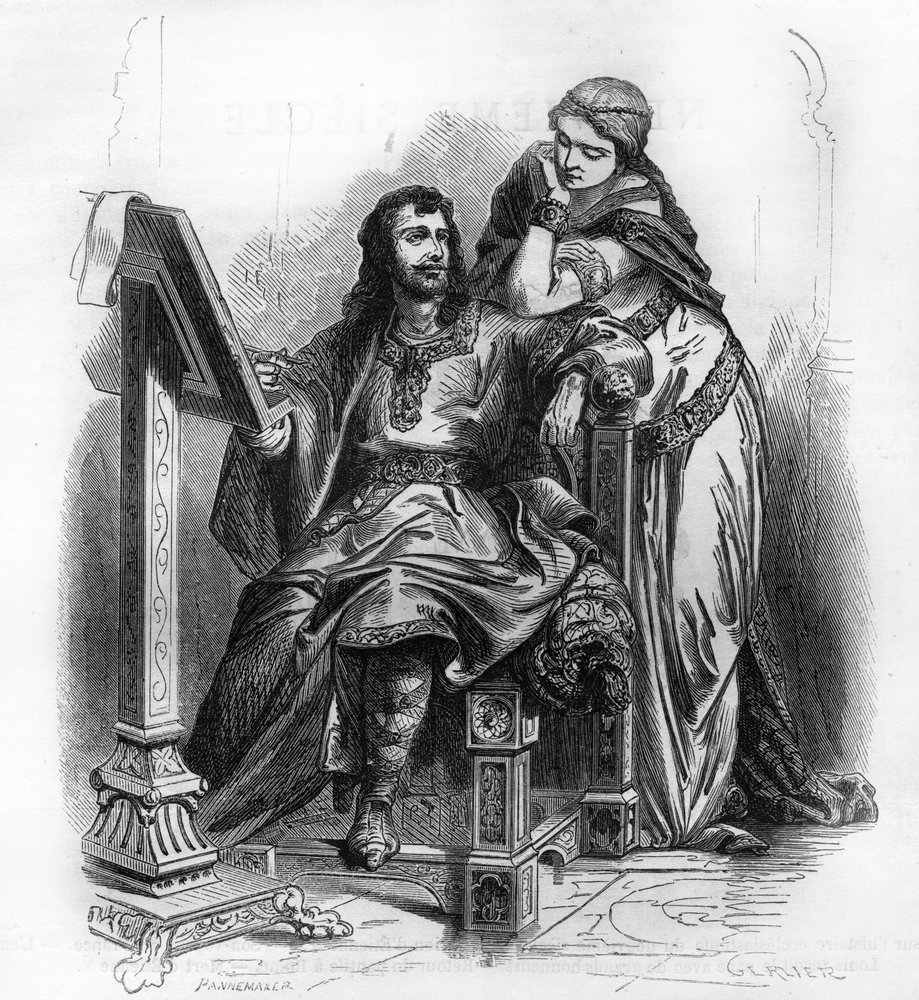 エギンハルト（Einhard, Einhart, Einard, 775-840）カロリング朝時代の歴史家で、妻のエマ（Imma）とともに。