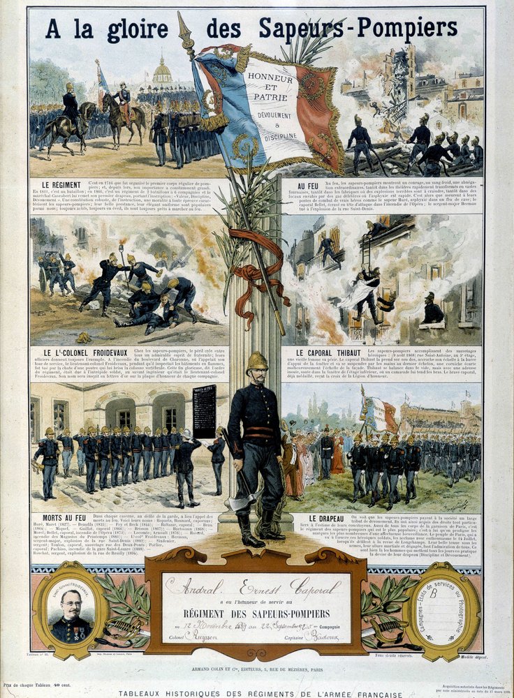 消防隊員。1890年頃の「フランス陸軍連隊の歴史的絵画」に掲載された「サプールの栄光に捧ぐ」。