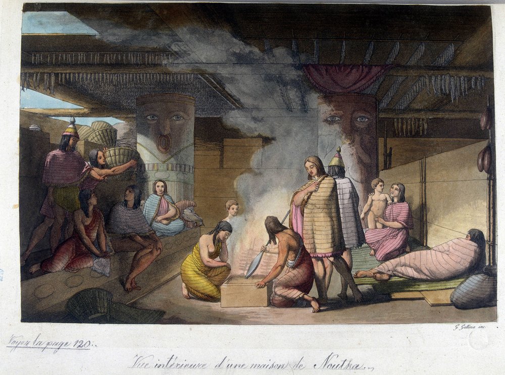 ロシア、ヌトカの家の内観。フェラーリオによる「古今東西の衣装」1819-1820で。