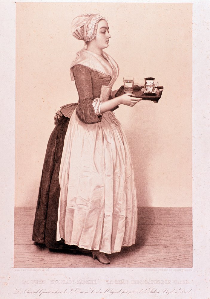 ラ・ショコラティエール・ド・ヴィエンヌ：若いメイドがホットチョコレートの入ったトレイを持っている。19世紀のリトグラフ プライベート・コレクション