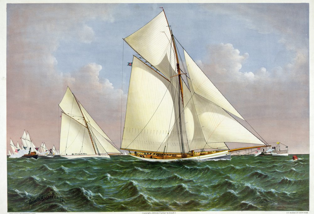 ニューヨーク湾で船団に迎えられた、アメリカズカップレガートで優勝したヨット「メイフラワー号」。07/09/1886 19世紀 リトグラフ