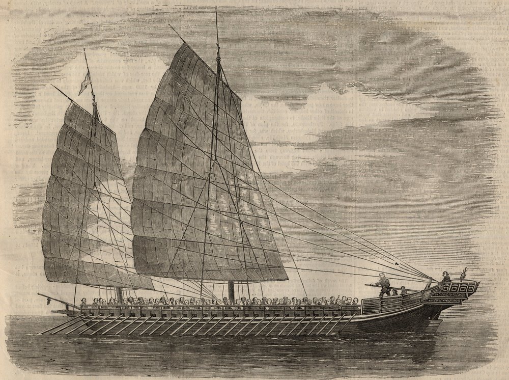 広東での中国の海賊船の眺め。1月31日の「The Illustrated London News」に掲載された版画