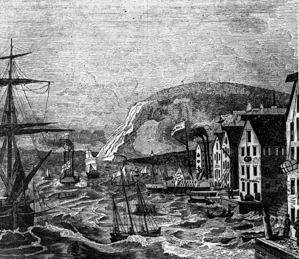 ケベック州、ケベックの一部に位置するキャップ・ディアマンの眺め。(カナダ)、1810年の彫刻。