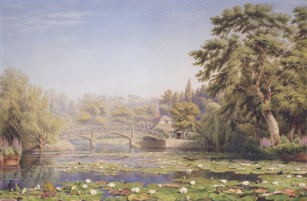 アビドン近くのヌネハムコートニーの素朴な橋とコテージ（紙とトイレットペーパーのボディカラー）