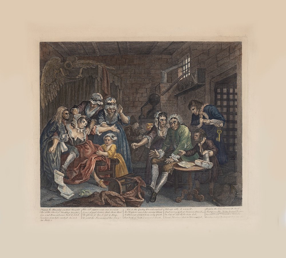 A Rake's Progress、Plate 7: The Prison Scene、1735 年頃。