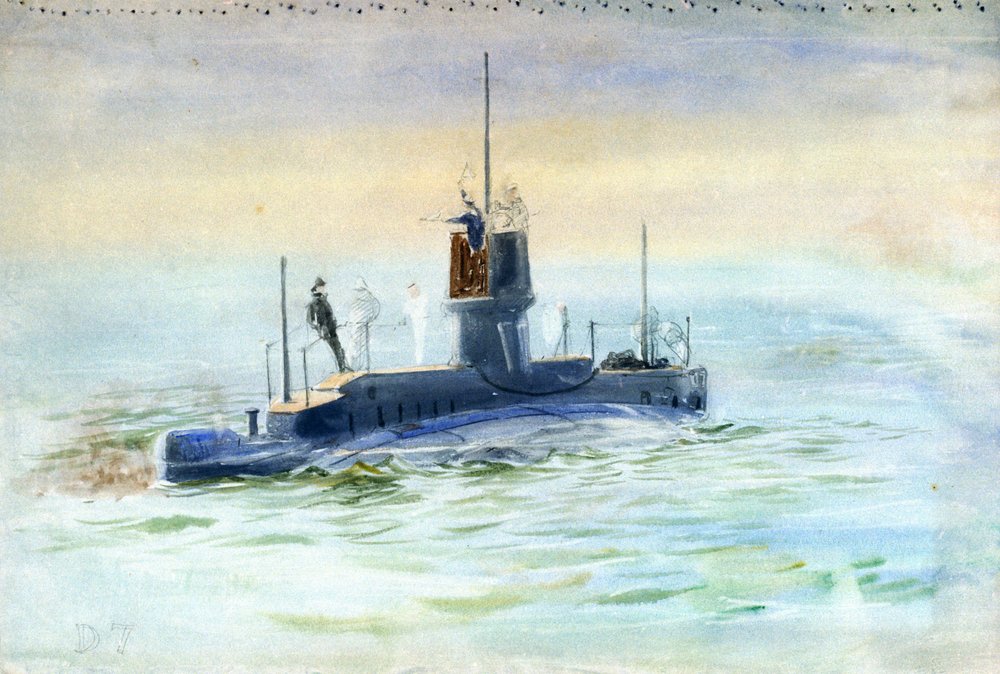潜水艦D7、20世紀初頭（水彩、グラファイト）