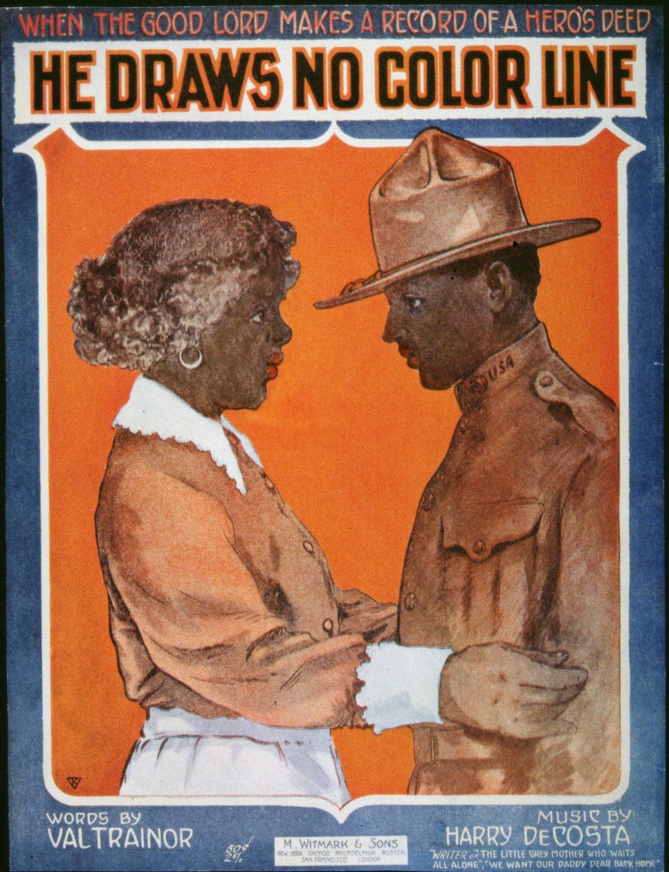 アメリカ第一次世界大戦ソングシート「He Draws No Color Line」(カラーリトグラフ)