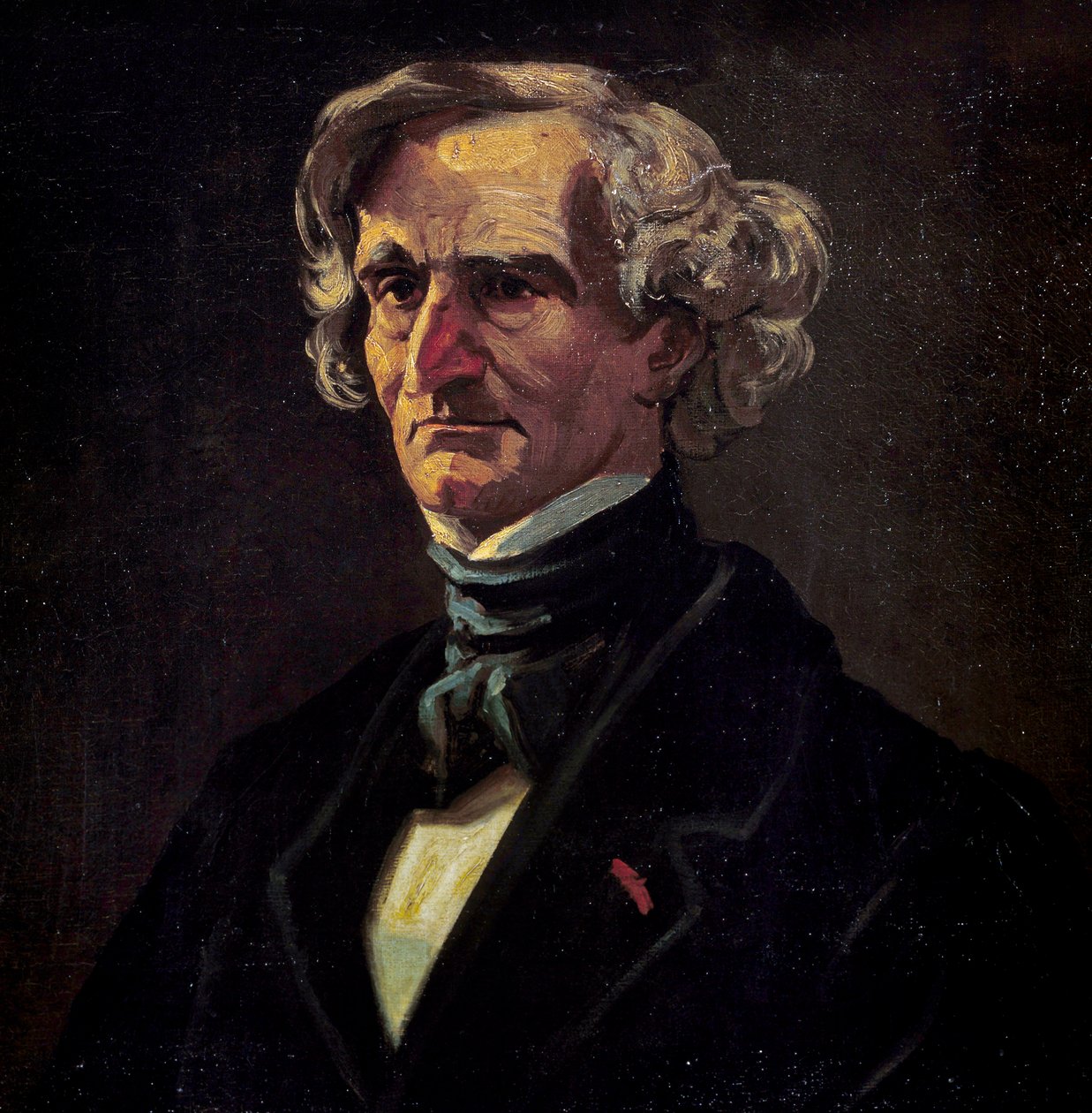 フランスの作曲家、ヘクトール・ベルリオーズ（1803-1869）の肖像。アンドレ・ギル（1840-1885）による絵画の詳細