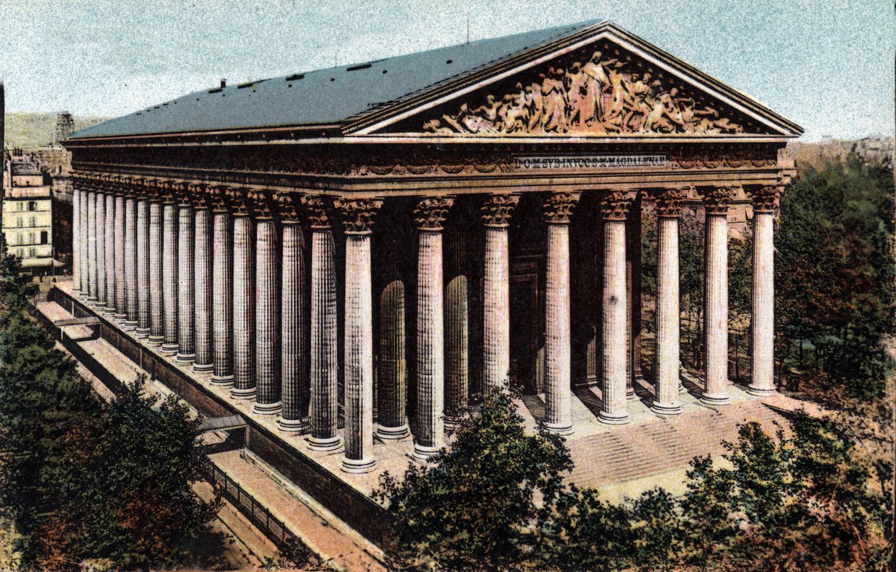 パリ：建築家ピエール・アレクサンドル・ヴィニョン（1763-1828）が設計したマドレーヌ教会の外観。パリ市の「芸術アルバム」に掲載されている ...