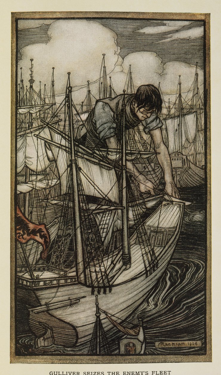 Gulliver erobert die feindliche Flotte, Illustration aus Gullivers ...