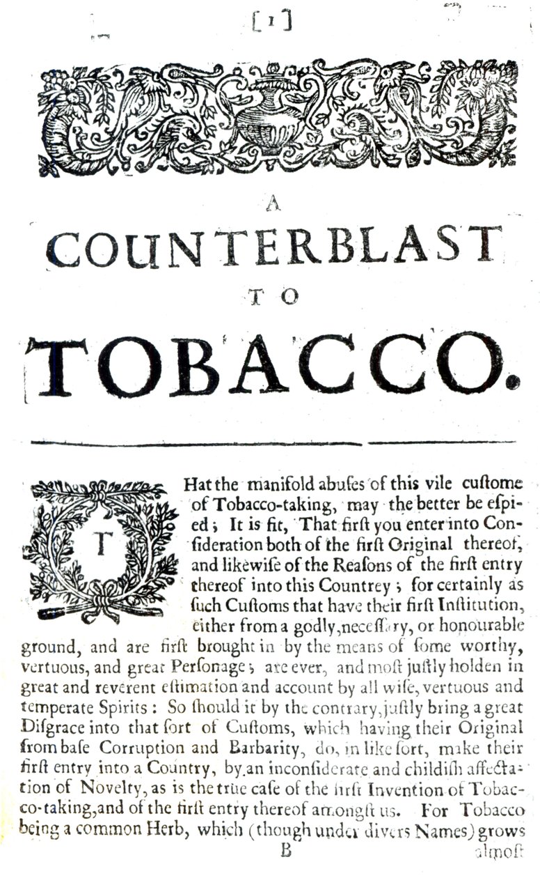 イギリスのジェームズ1世（1566-1625）が作成した論文、禁煙パンフレット（1672年）に掲載された、Counter to Tobacco ...