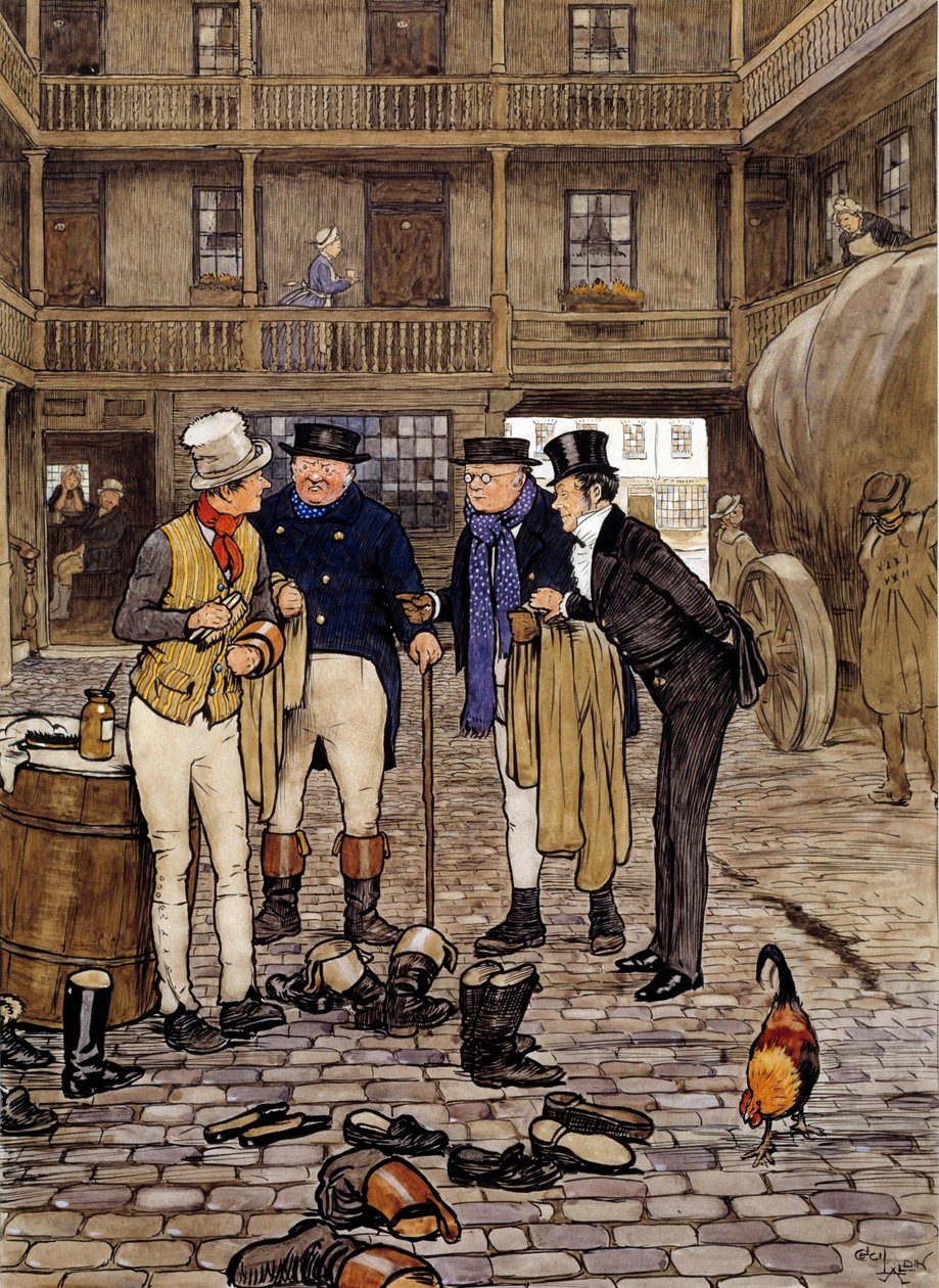 サム・ウィラーと出会うピックウィック・クラブのメンバー チャールズ・ディケンズ（1812-1870）の作品を英国流に描いたイラスト。1837年 個人蔵