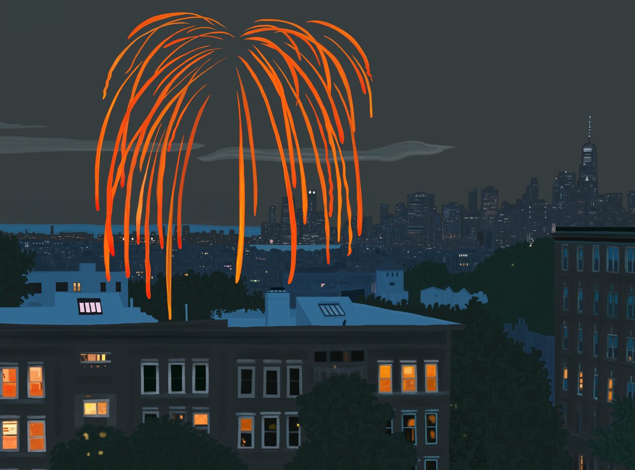 Blick auf New Yorker Hafen und Skyline mit Feuerwerk von Brooklyn aus