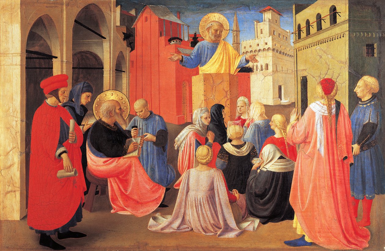 聖マルコに福音を説教する聖ペテロ、亜麻布の幕屋のプレデラの詳細