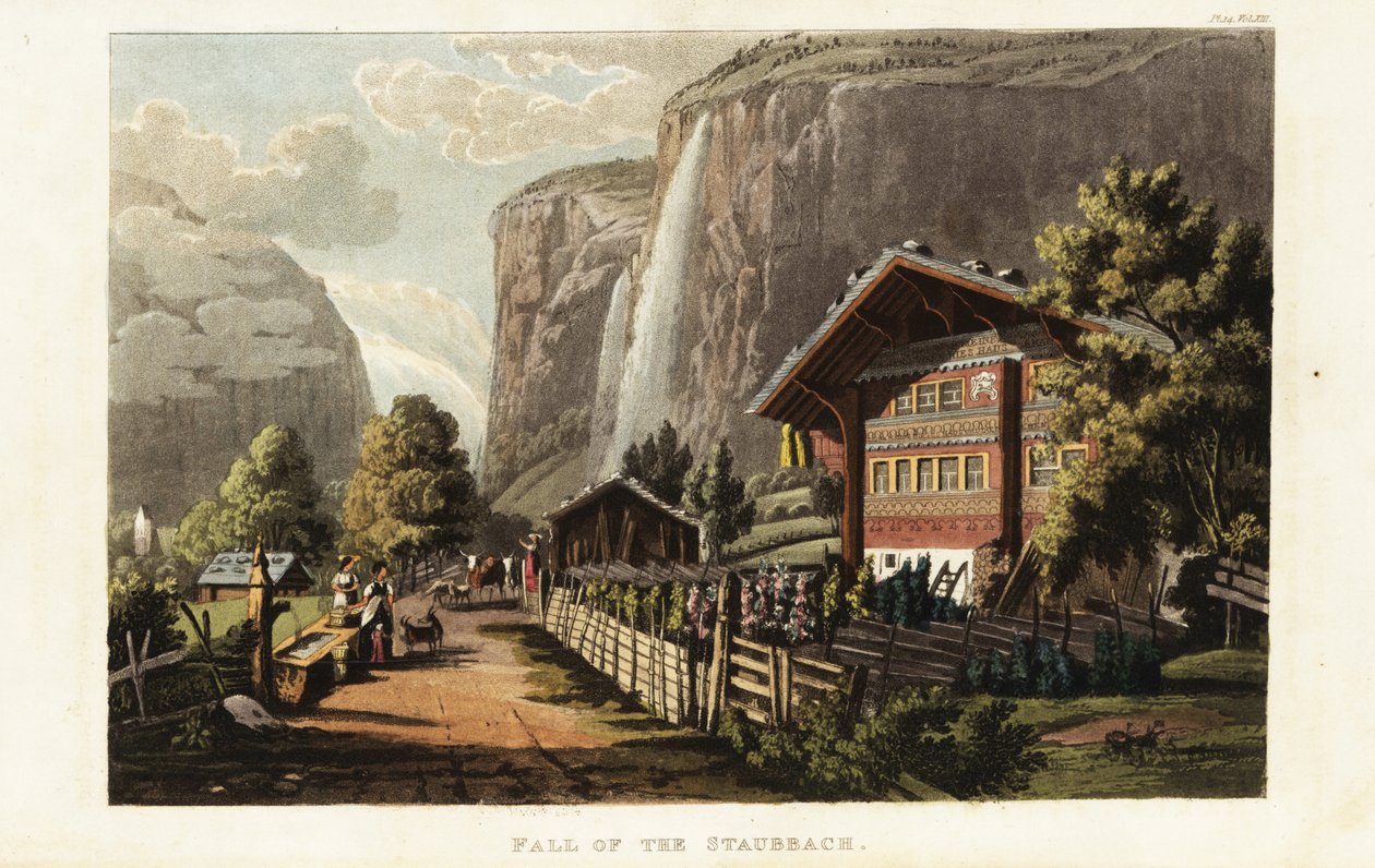 ベルン高地のラウターブルンネンのすぐ西に位置するスイスの滝、シュタウバッハ滝の眺め