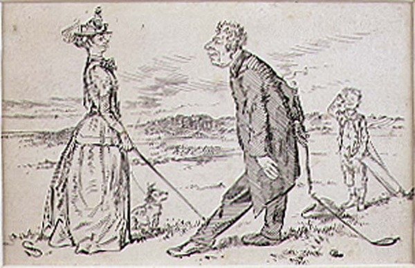 1870年頃に出版された雑誌「Graphic」の挿絵「The Courteous Golfer」（リトグラフ）。