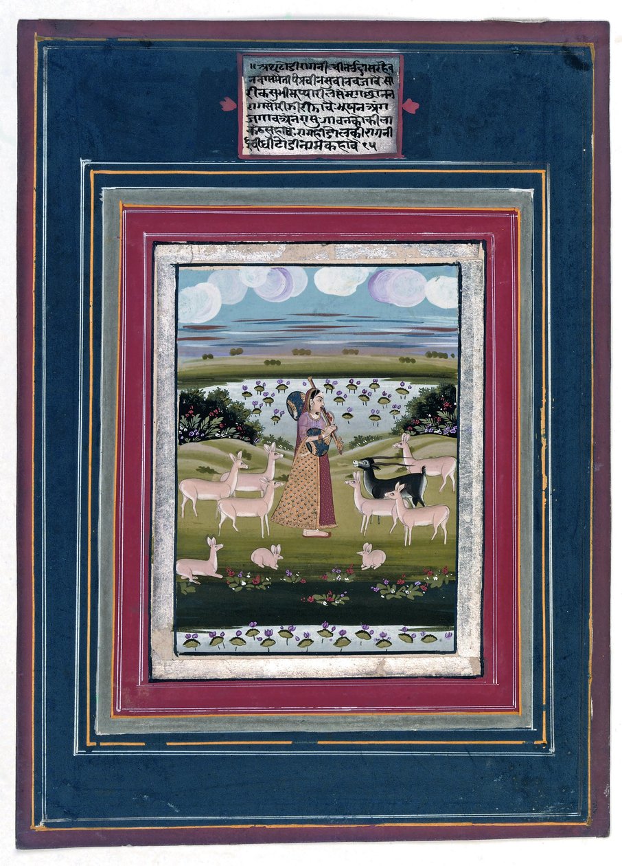 Todi ragini-動物のいる風景でビナを演奏する女性、1810〜20年