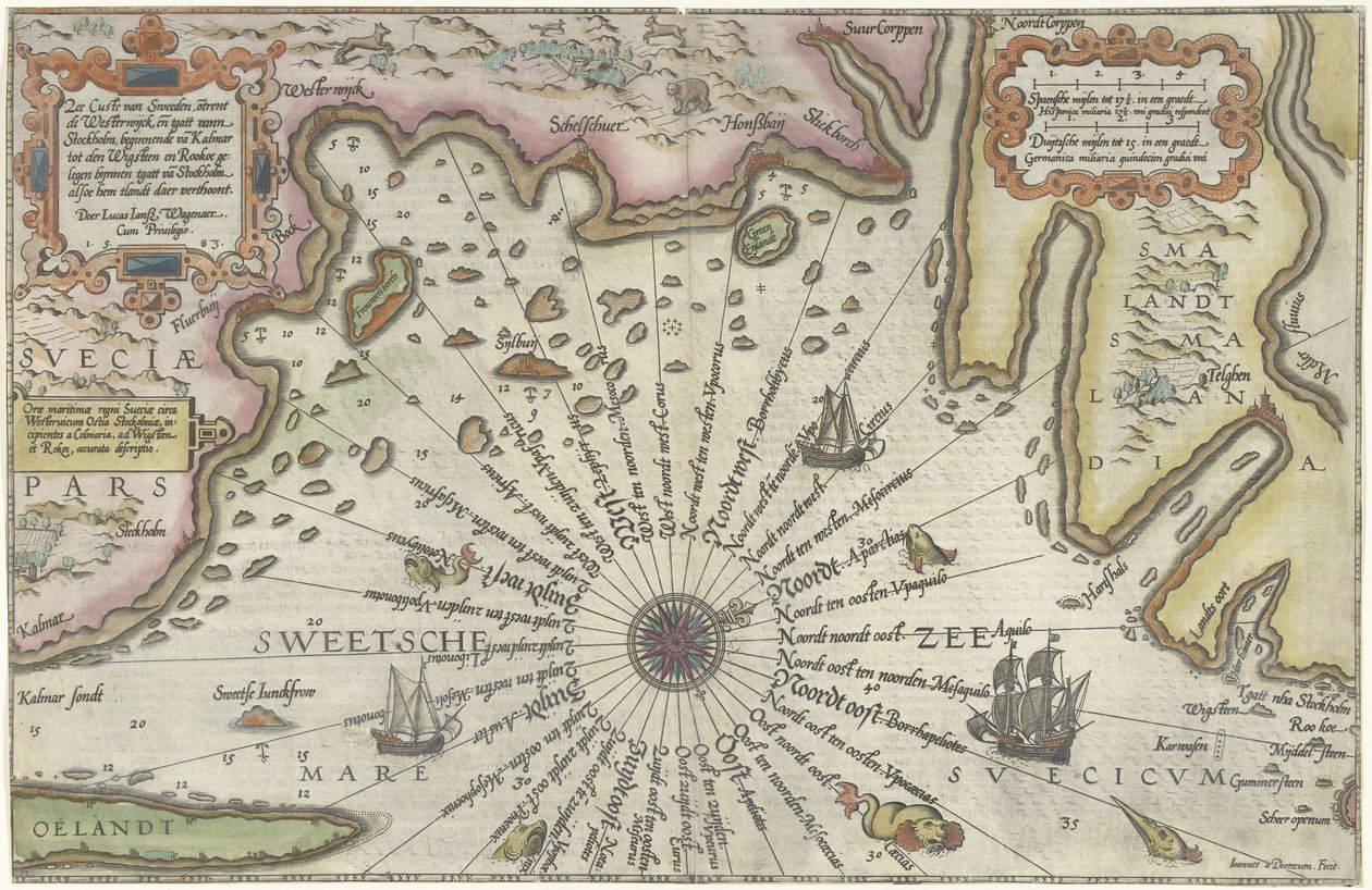 カルマルとストックホルムの間のスウェーデンの海岸の地図 Zee Custe van Sweeden、Westerwijck と tgatt ...