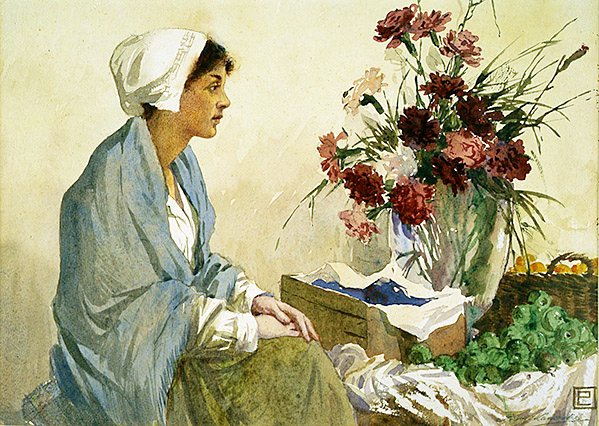 花売り（紙に水彩） | アートプリント