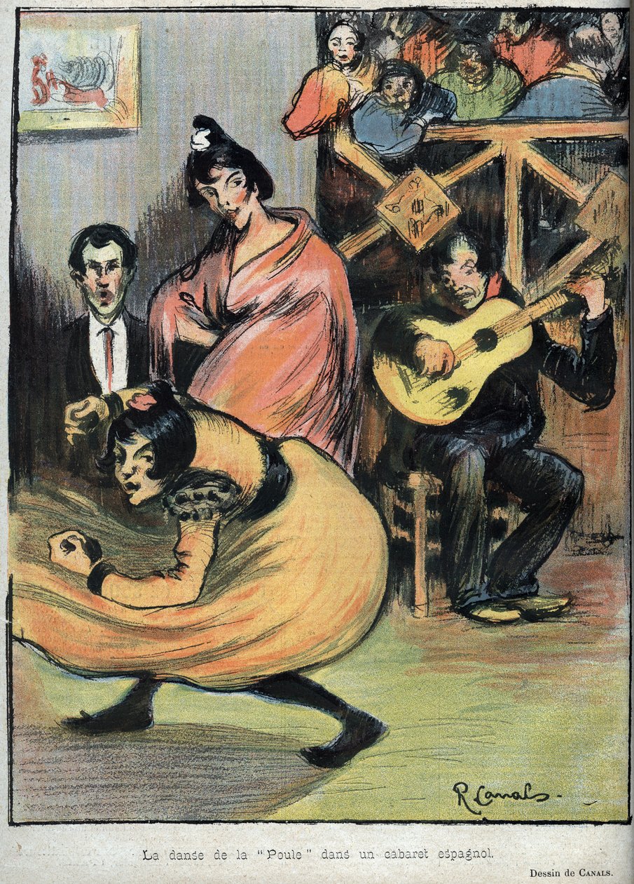 スペインのキャバレーでの雌鳥の踊り - 1898年の「Le Rire」に掲載されたR.Canalsの絵-。