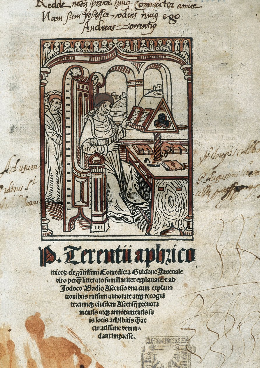 喜劇詩人テレンス（Publius Terentius Aferer）（紀元前190-145年）の喜劇の正面図。作者が描かれています。