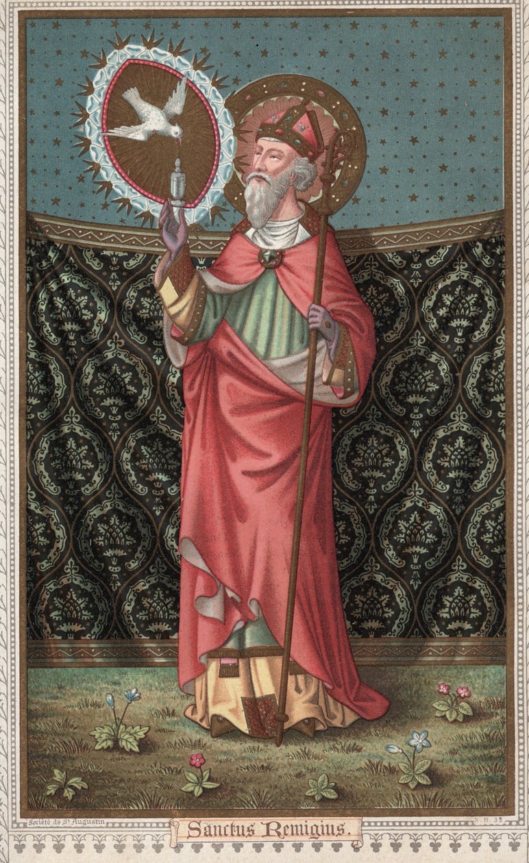 聖霊（ホーリー・スピリット）の鳩が訪れる聖レミ（437-533）（Saint Remigius, Remy Remigio）の肖像。19世紀末 ...