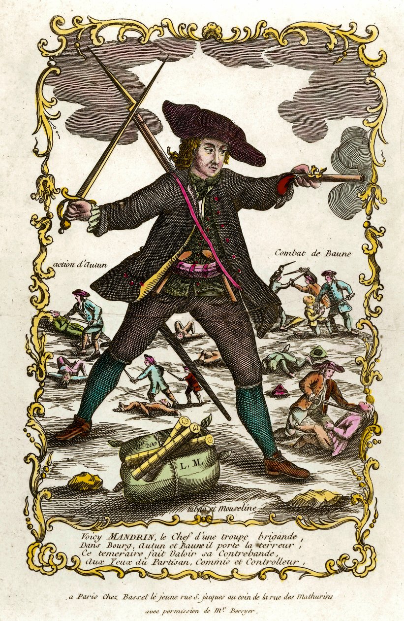 フランスの山賊、ルイ・マンドリン（1725年頃〜1755年）の肖像。後ろにはオートゥンの行動とボーヌの戦いが描かれている。18世紀のエングレー ...