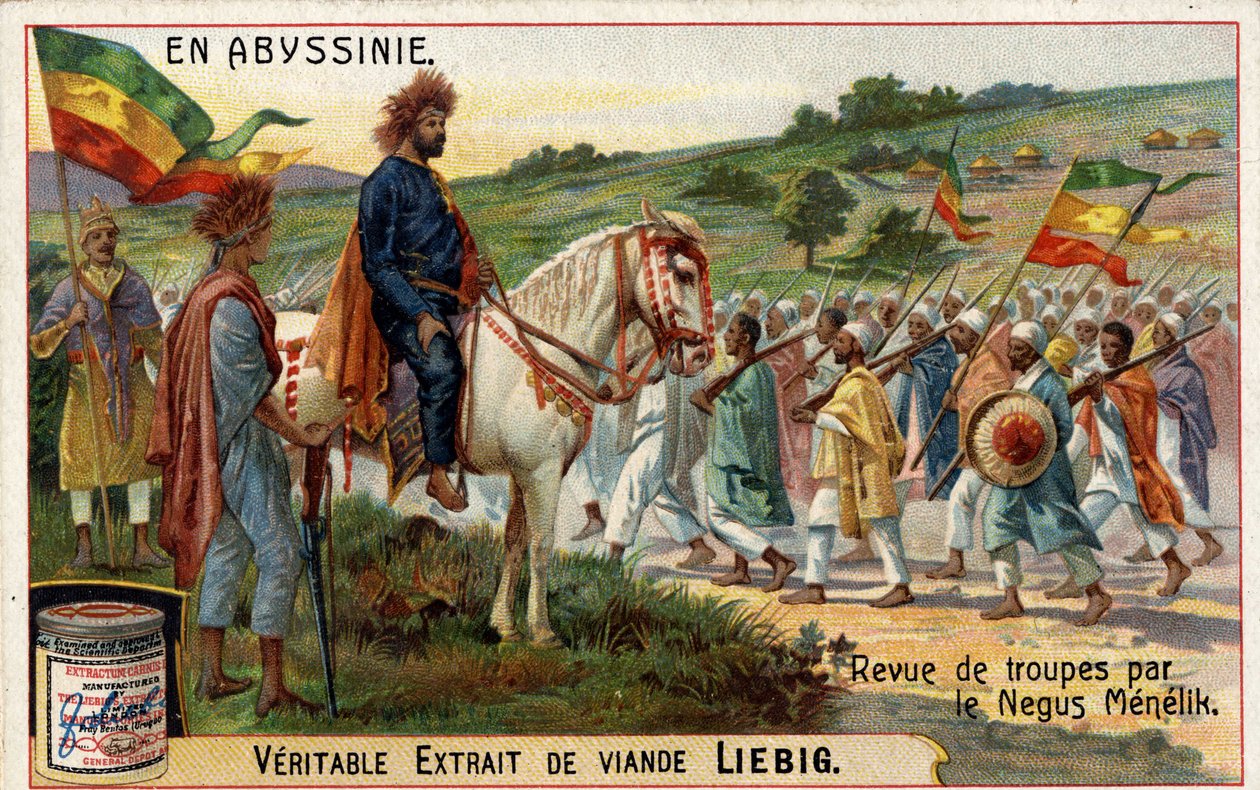 アビシニア皇帝「ネグス」メネリク2世（1844-1913）が軍を閲兵する様子。19世紀のクロモリトグラフ。