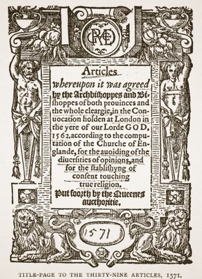 第39条のタイトルページ、1571年、イギリスの教会からの挿絵：HDM Spence-Jonesによる民衆の歴史、出版。 1910年頃（セピア写真）