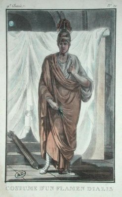 ローマ時代の「フラメン・ダイヤリス」の衣装、「劇場用衣装」の本からのイラスト（彩色済み彫刻）