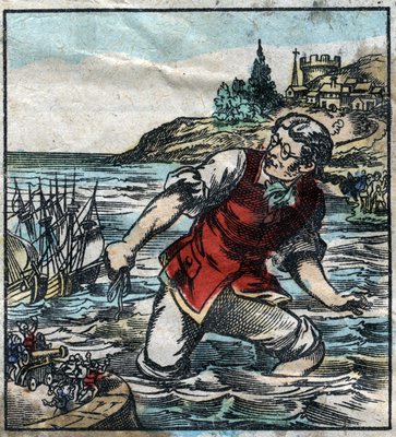 レミュエル・ガリバーは、ブレフスク軍の船をリリパットの首都港に向けて発射しました。ジョナサン・スウィフト（1667-1745）の『ガリバー旅行 ...