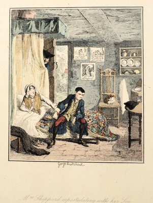 シェパード夫人が息子と一緒に説く、ジャックシェパードのイラスト：ウィリアムハリソンエインズワースのロマンス、1839年（手描きのエッチング）