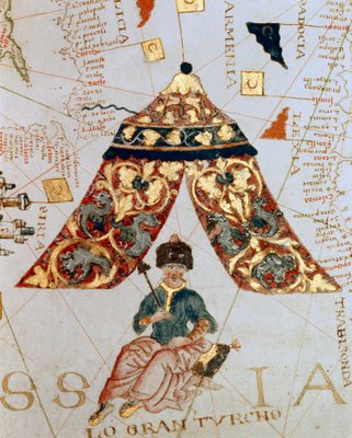 地図製作者ジャコモ・デ・マッジョーロによる、「偉大なトルコ人」と呼ばれるスルタン・ソリマン（スレイマン）1世（1520-1566）を描いた地図 ...