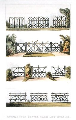 1823年に出版されたアッカーマンの「芸術のリポジトリ」に掲載されているコヤシの木のフェンス、ゲート、ハードル（カラーリトグラフ）