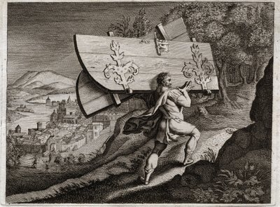 ロワイヨモンの聖書、旧約聖書。ガザの門。サムソン、ガザに閉じこもり、城門を引き裂く。1811年のイラスト。