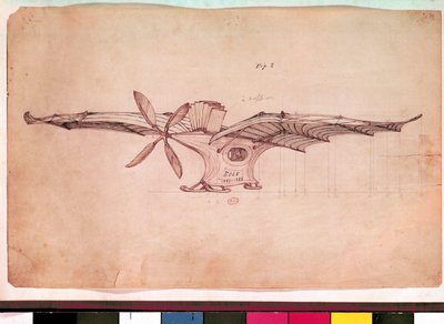 Eole Flying Machine。クレメント・アダーの飛行機を表現したもの。1882-1889年頃の匿名のドローイング。パリ、航空博物館