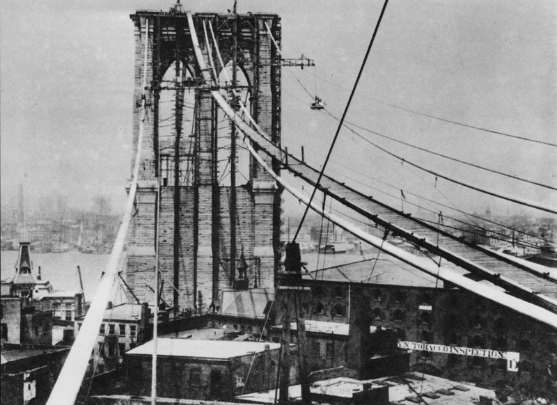 建設中のブルックリン橋（ニューヨーク）、1880年頃（モノクロ写真